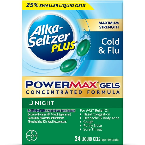 Alka-Seltzer Plus Powermax Cold & Flu Medicine, Night, Liquid Gels, 24 ...