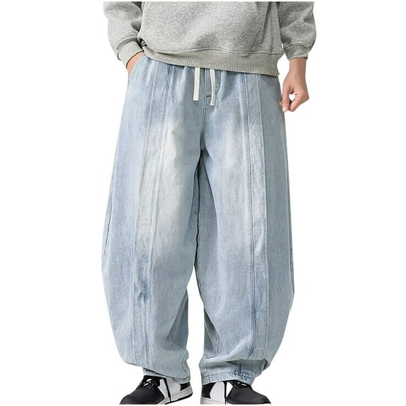 Alkepwun Barrel Jeans Men's Solid Color Wide Leg Baggy Hip Hop Jean ...