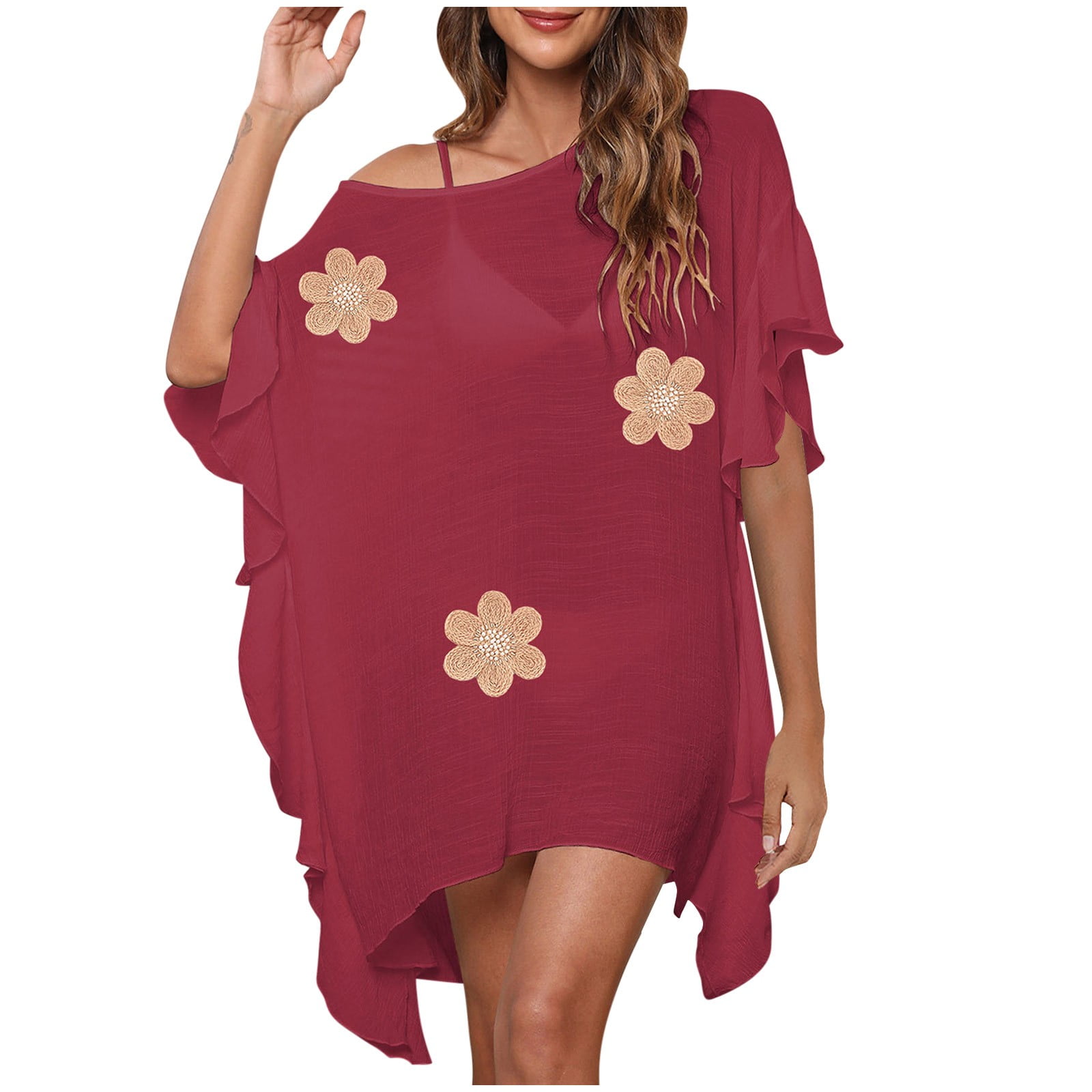 Alkepwun Beach Cover Up Women's Solid-Color Floral Embroidered Loose ...