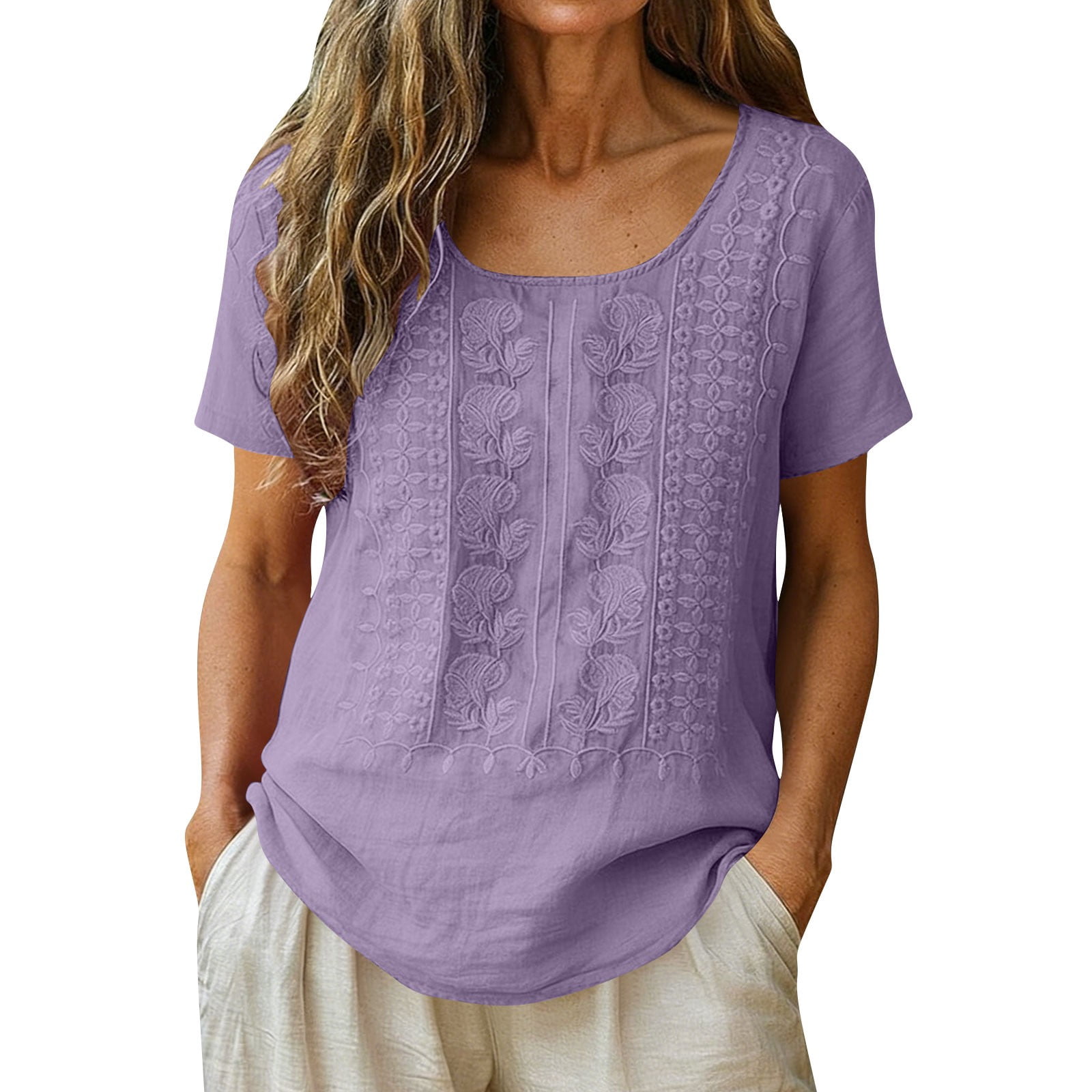Alkepwun Boho Tops for Women Short Sleeve Round Neck Embroidered Cotton ...
