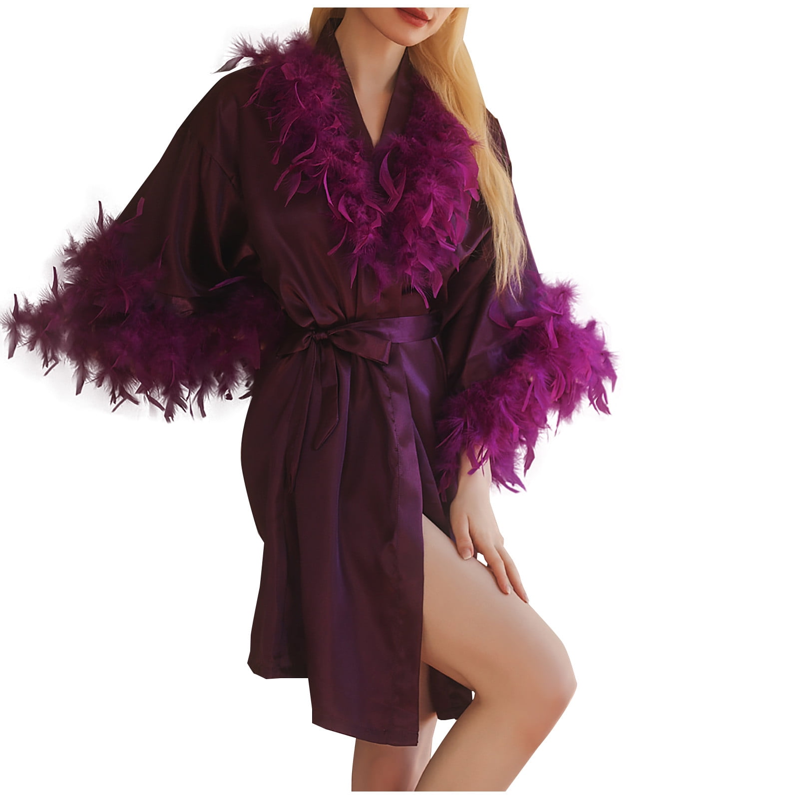Alkepwun Bridal Robe for Wedding Day Feather Silk Satin Sexy Sheer Mesh ...