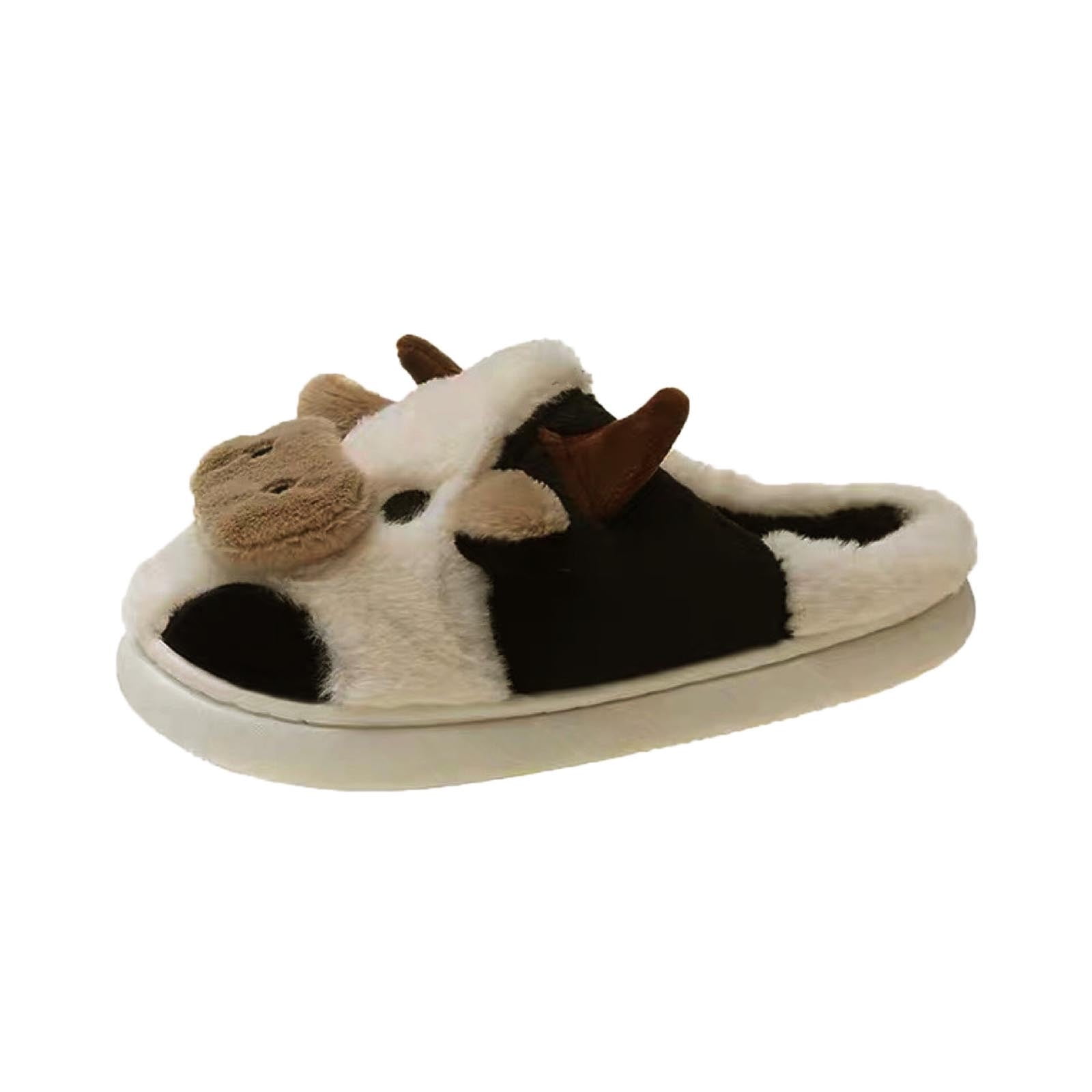 Alkepwun Cartoon Cow Slippers,Cute Kawaii Cozy Fuzzy Plush Animal ...