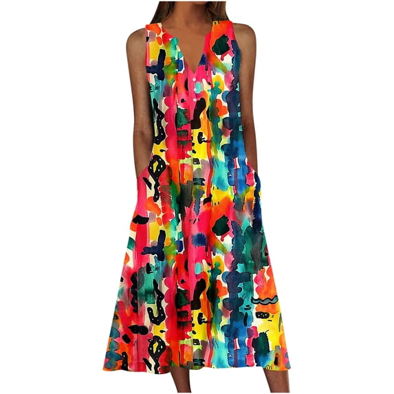 Alkepwun Casual Summer Dresses for Women Sleeveless Notch V Neck Floral ...