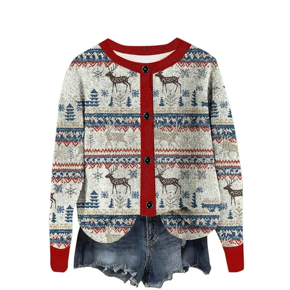 Alkepwun Christmas Sweaters Color Block Long Sleeve Round Neck Cardigan ...