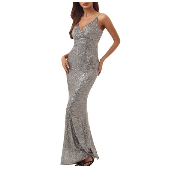 Alkepwun Deep V Neck Dress Spaghetti Straps Sequin Sparkly Fishtail Hem ...