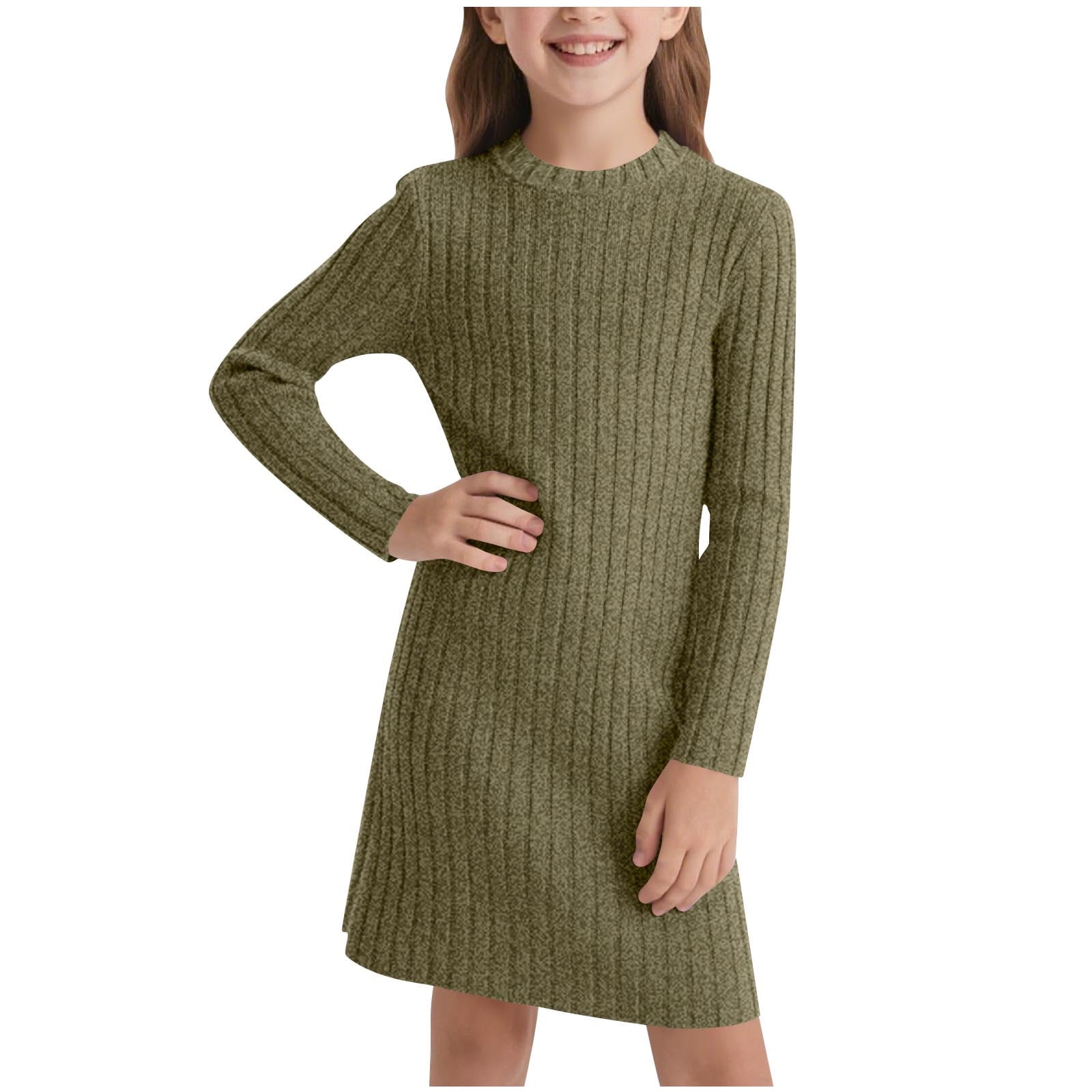Alkepwun Dresses for Girls Ribbed Knit Solid Casual Crew Neck Long ...