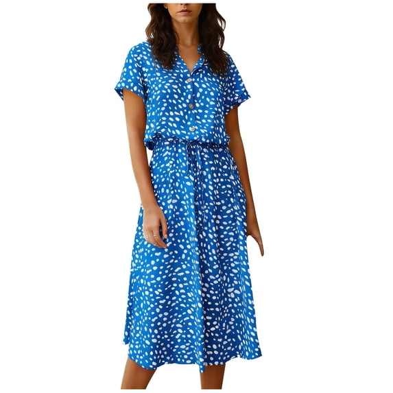 Alkepwun Dresses for Women V Neck Polka Dot Print Drawstring Elastic ...