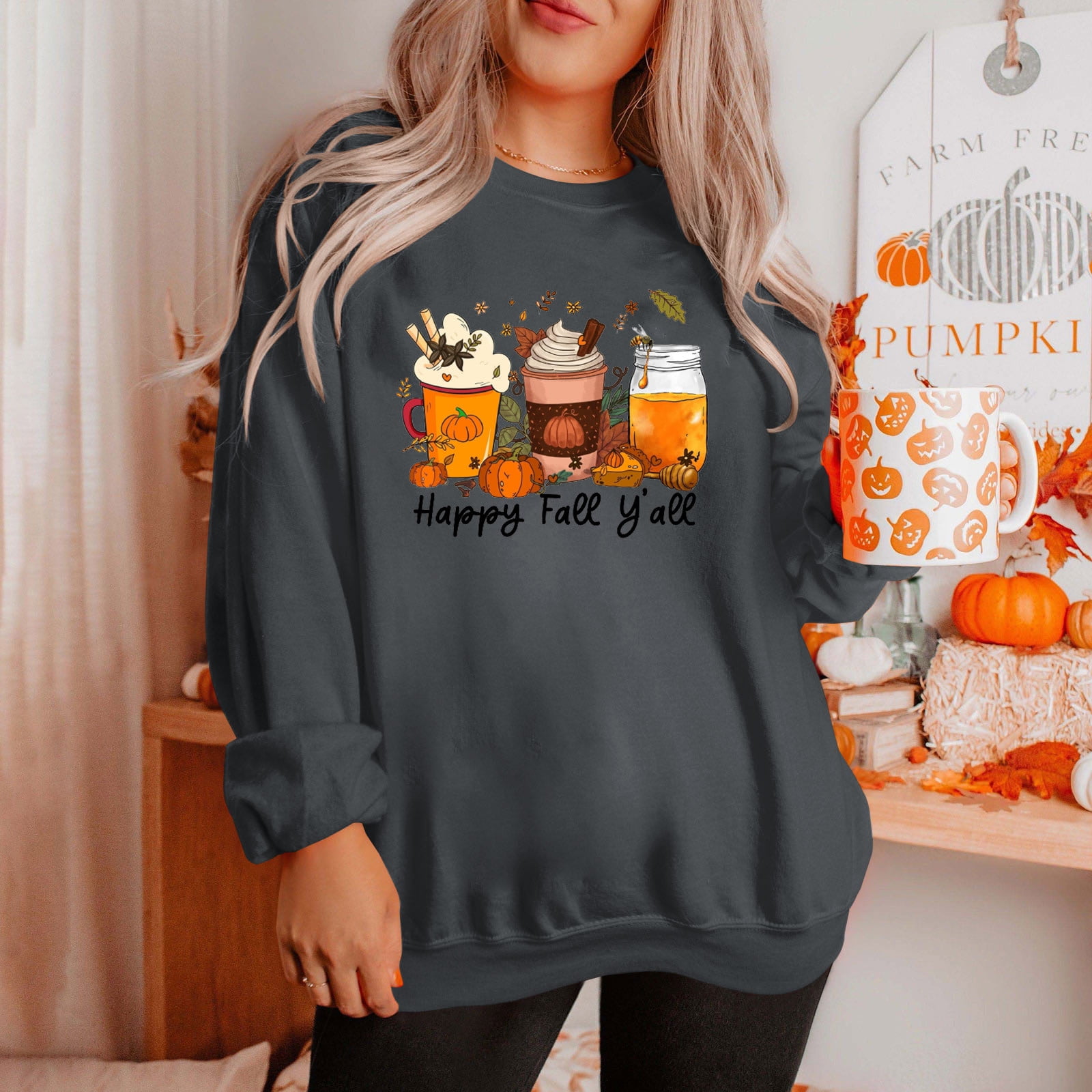 Alkepwun Fall Pumpkin Sweatshirt for Women Oversized Happy Fall Y'all ...