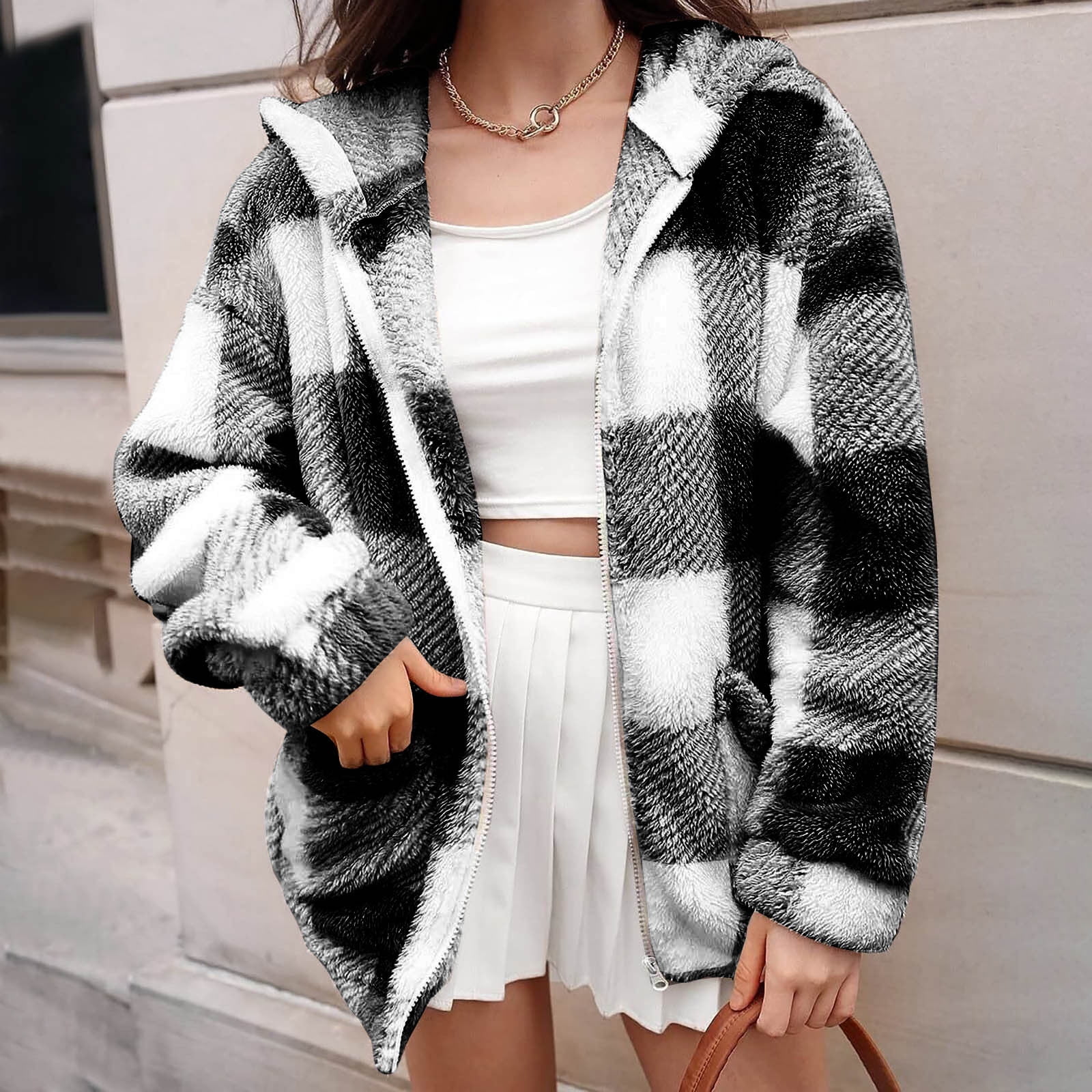 Alkepwun Fleece Jacket Women Fuzzy Plaid Pattern Long Sleeve Hooded Zip ...