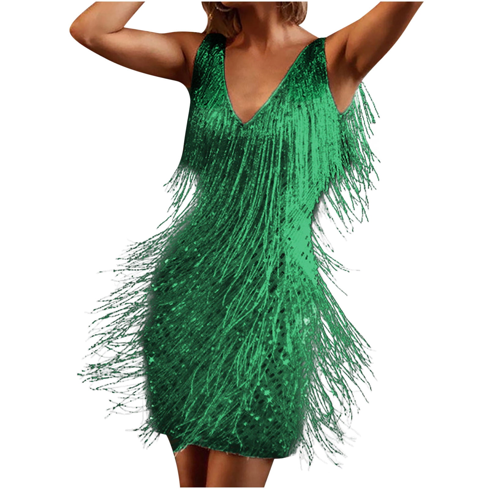 Alkepwun Fringe Dress Women Sexy Deep V Neck Tank Mini Flapper Dress ...
