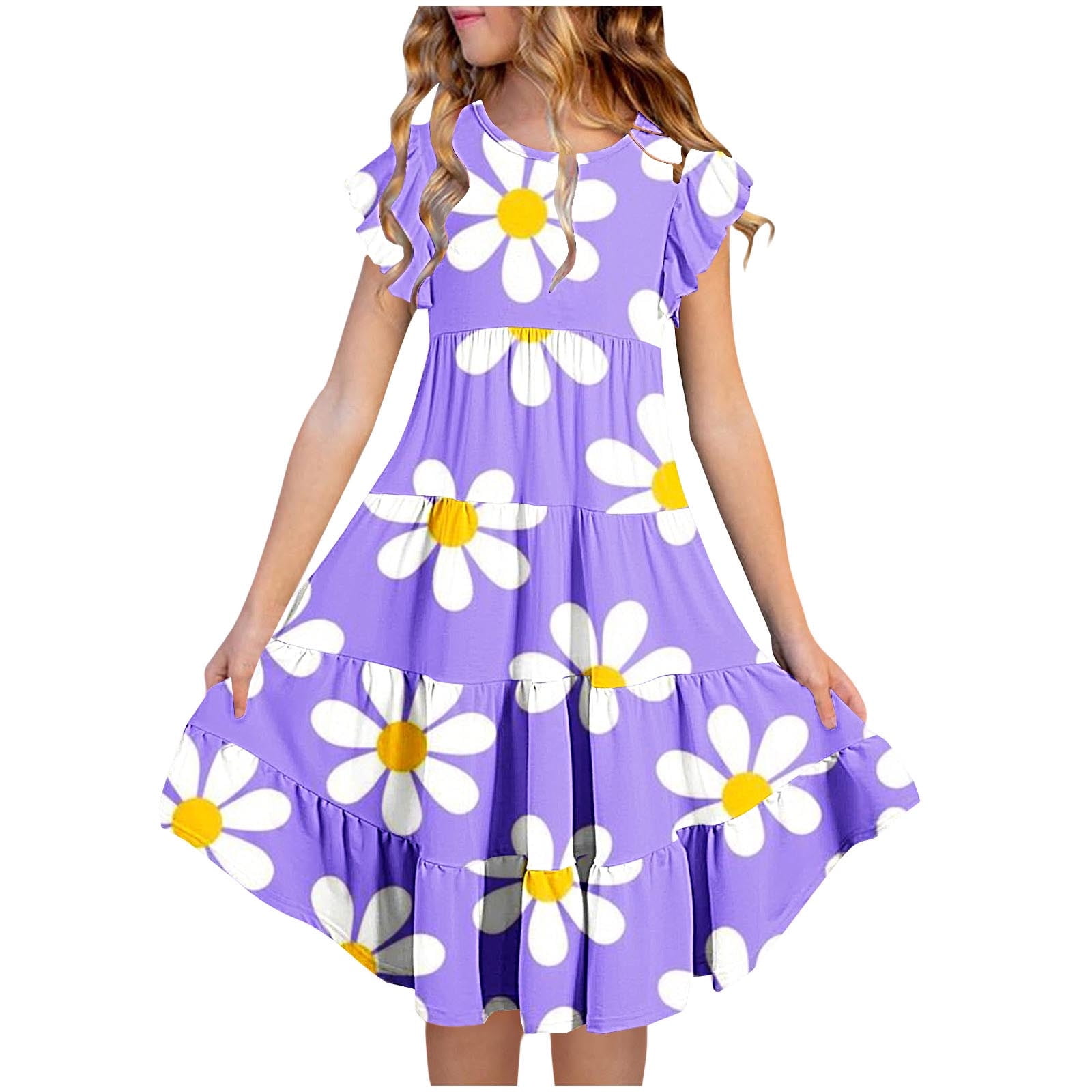 Alkepwun Girl's Floral Summer Dress Kids Cute Ruffle Sleeve Tiered Midi ...