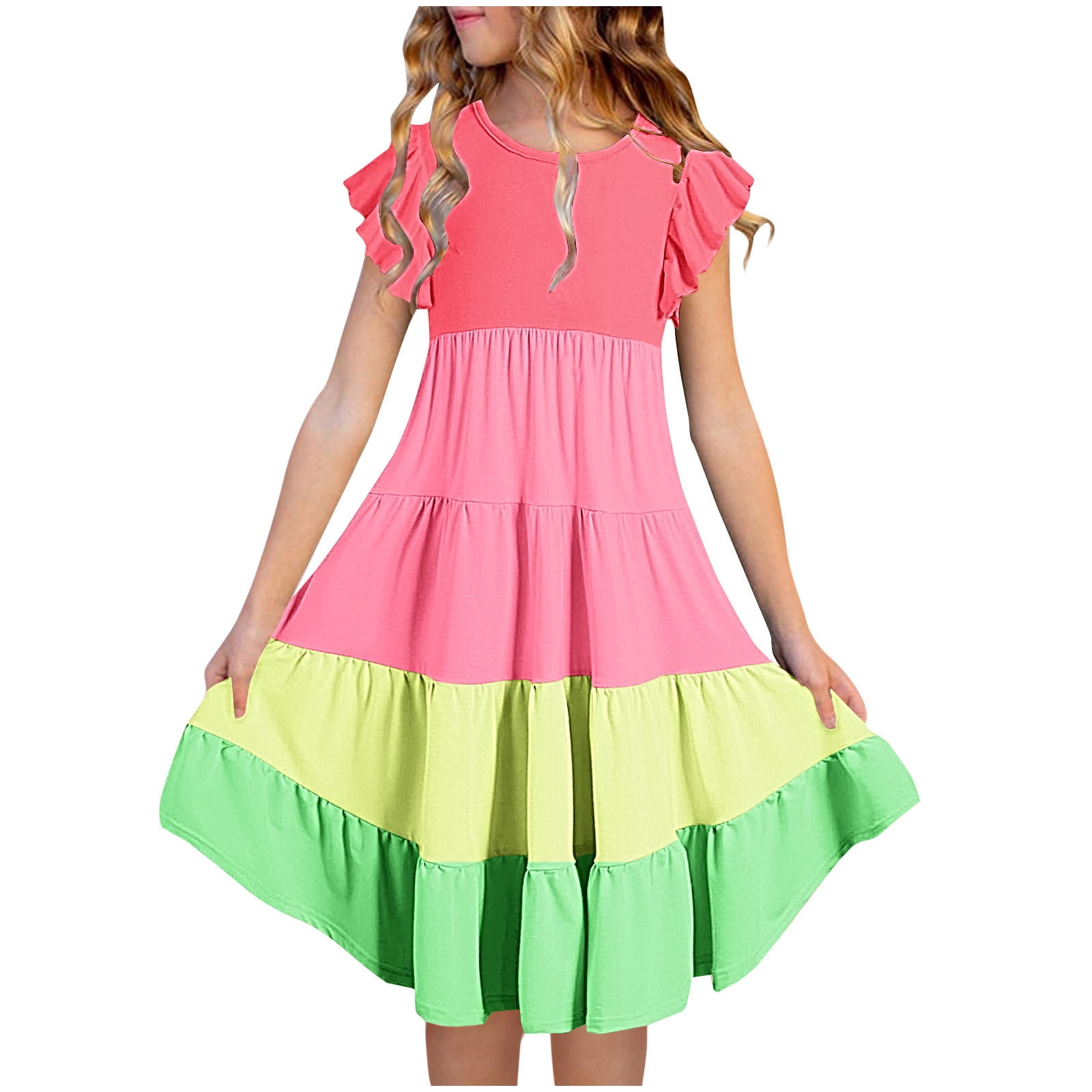 Alkepwun Girls Ruffle Sleeve Dress Kids Color Block Tiered Swing A-Line ...