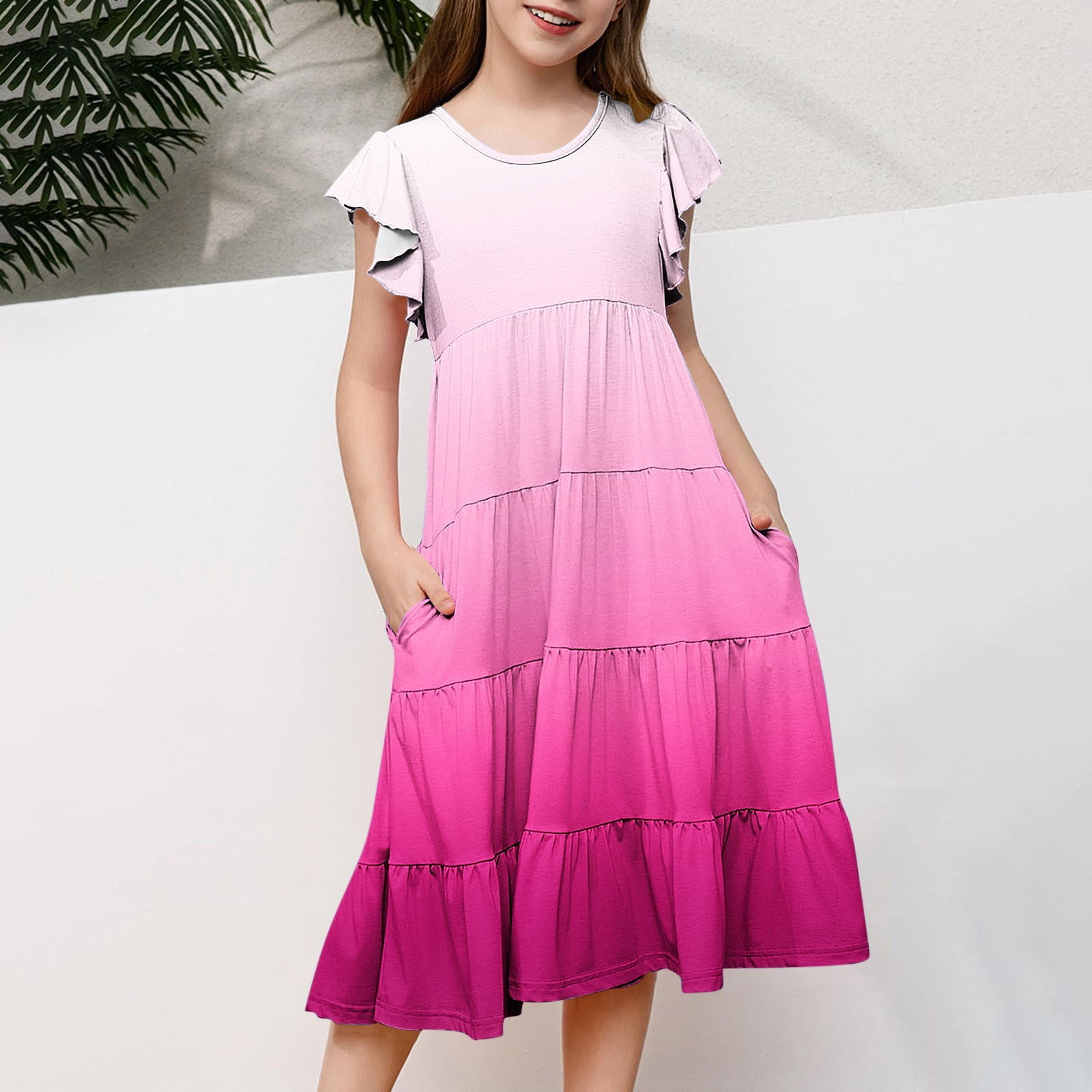 Alkepwun Girls Summer Dresses with Pockets Ombre Ruffle Sleeve Tiered ...