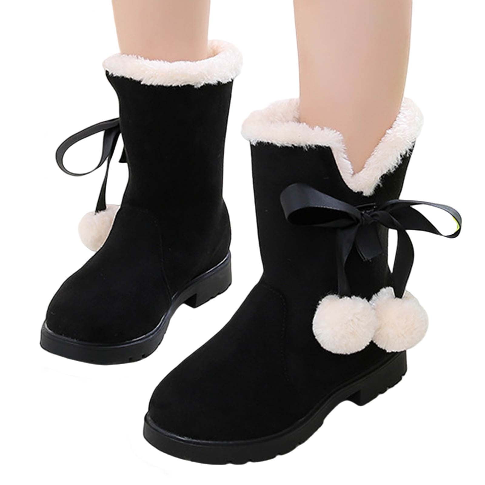Alkepwun Girls Winter Boots Princess-Style Bow with Pom-Pom Snow Mid ...