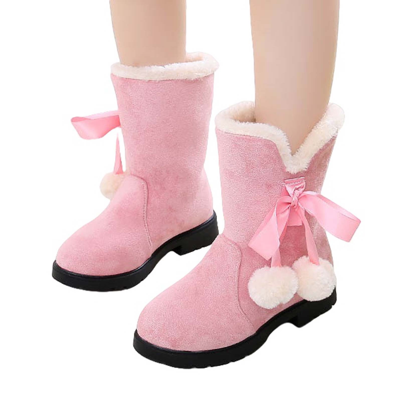 Alkepwun Girls Winter Boots Princess-Style Bow with Pom-Pom Snow Mid ...