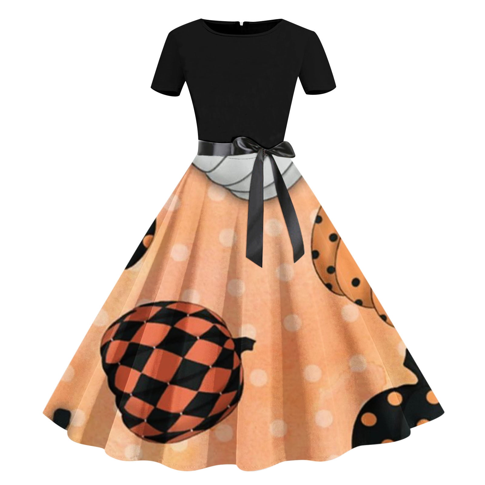 Alkepwun Halloween Dresses for Women Pumpkin Print Short Sleeve Midi ...
