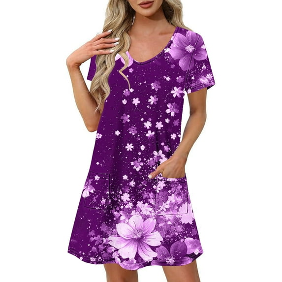 Alkepwun Holiday Dresses for Women Casual V Neck Short Sleeve Floral ...