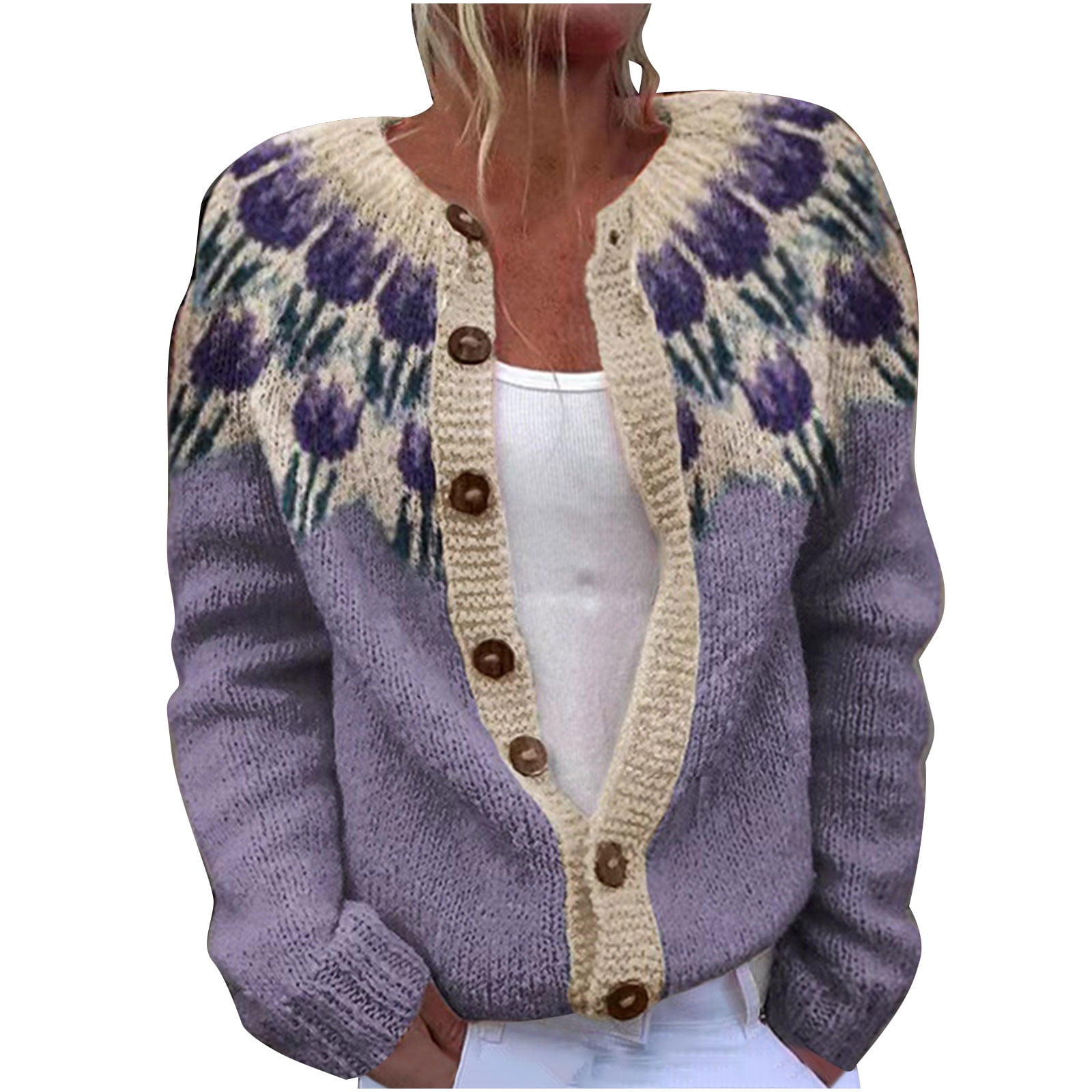 Alkepwun Knit Cardigans for Women Ethnic Fair Isle Jacquard Long-Sleeve ...