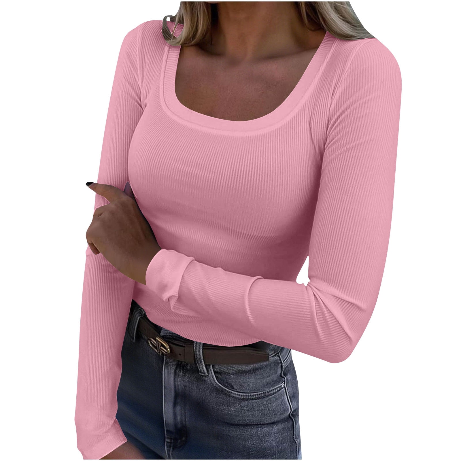 Alkepwun Long Sleeve Tops Solid-Color Square Neck Pullover Knit Top ...