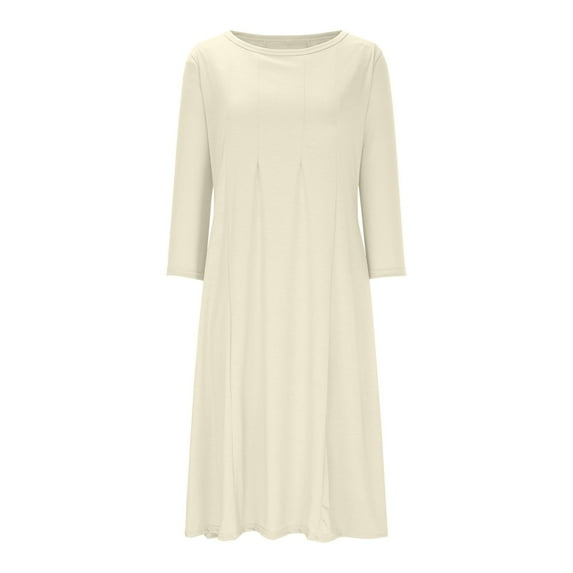 Alkepwun Long Winter Dresses for Women Crew Neck Mid-Sleeve Solid Color ...