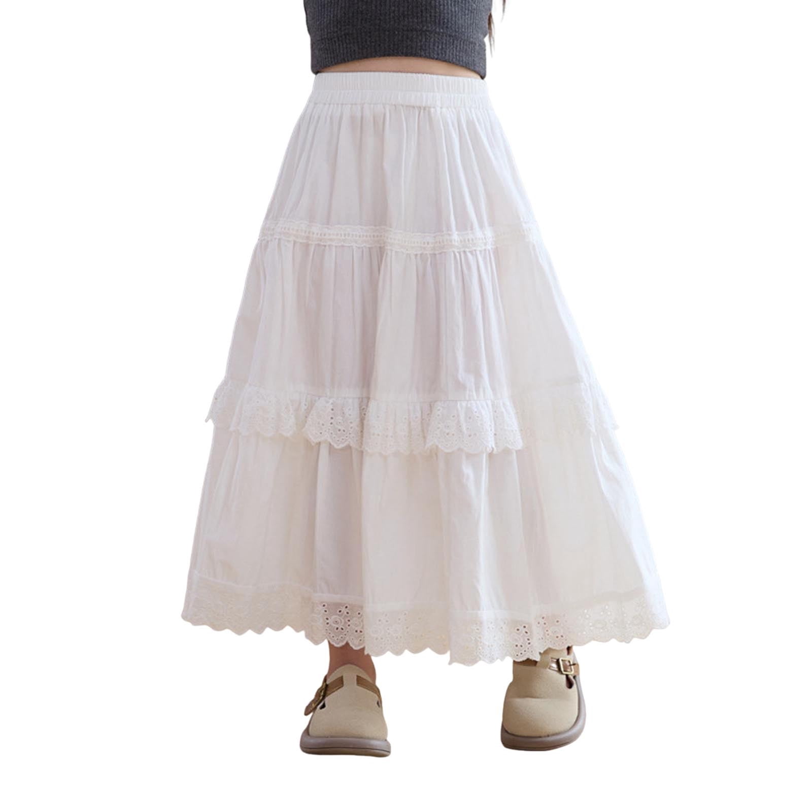 Alkepwun Maxi Skirt Girl's Casual Solid Elastic High Waist Ruffle Hem A ...