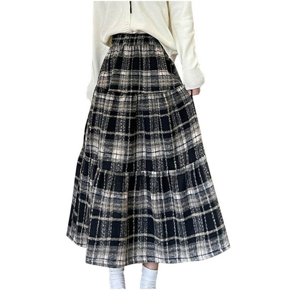 Alkepwun Midi Skirts for Women Elastic Waist Plaid Wool A-Line Full ...