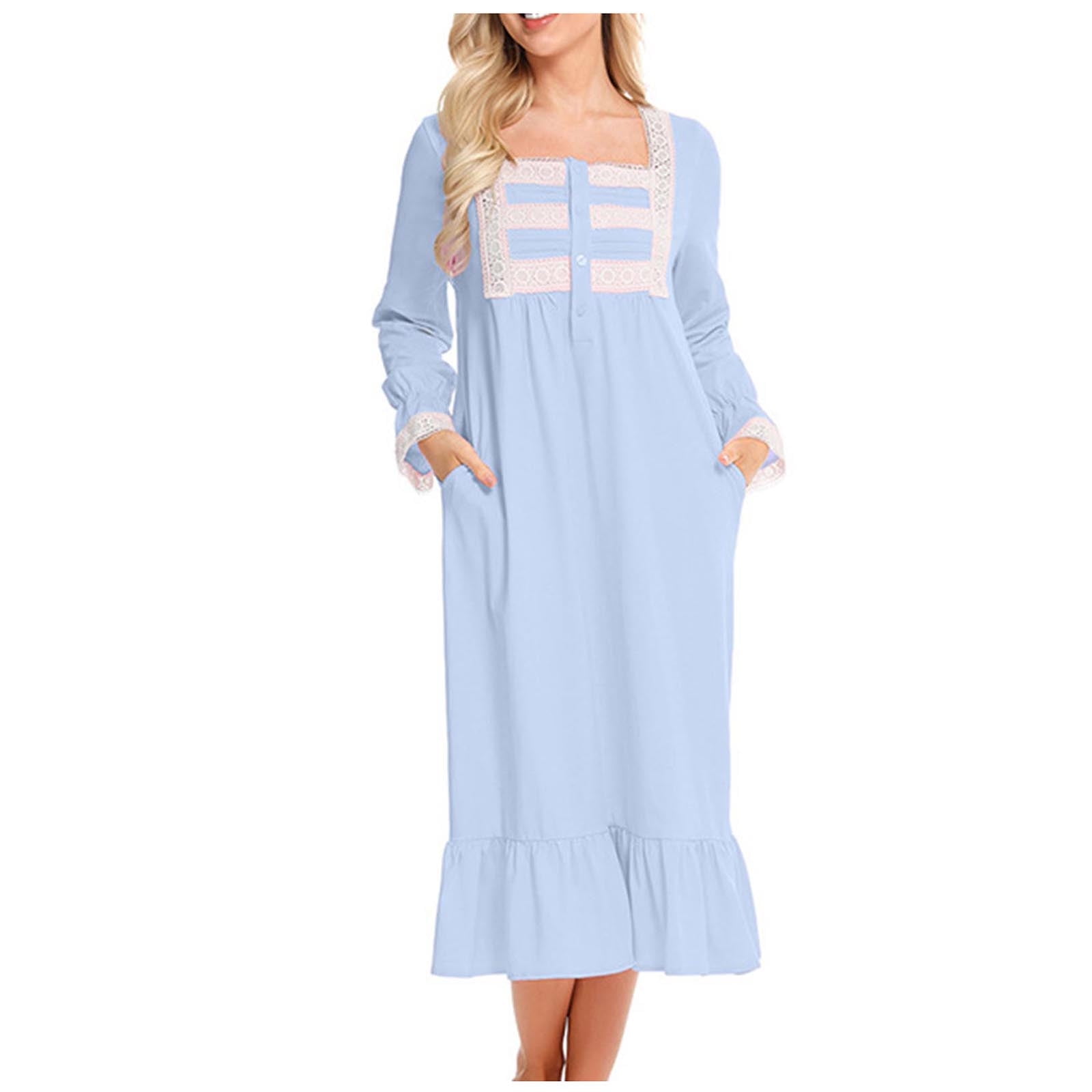 Alkepwun Nightgowns for Women Lace Square Neck Ruffle Lounge Dress Long ...