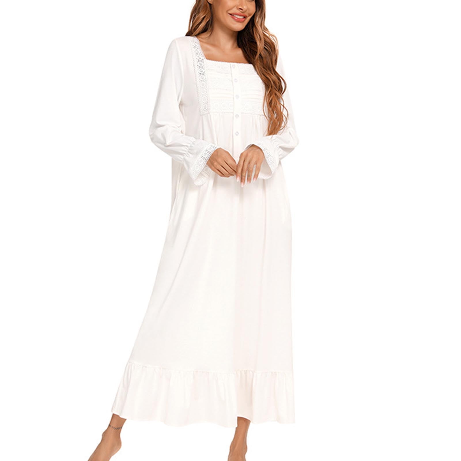 Alkepwun Nightgowns for Women Lace Square Neck Ruffle Lounge Dress Long ...