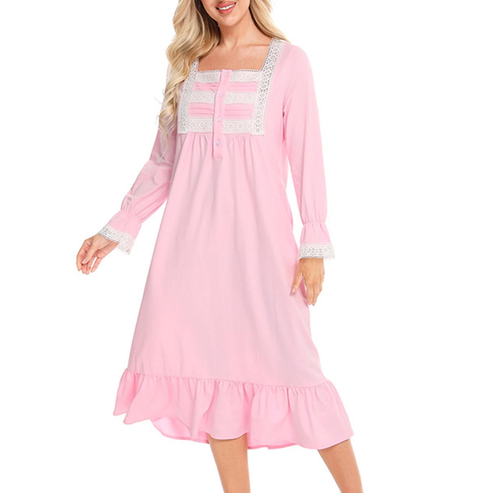 Alkepwun Nightgowns for Women Lace Square Neck Ruffle Lounge Dress Long ...