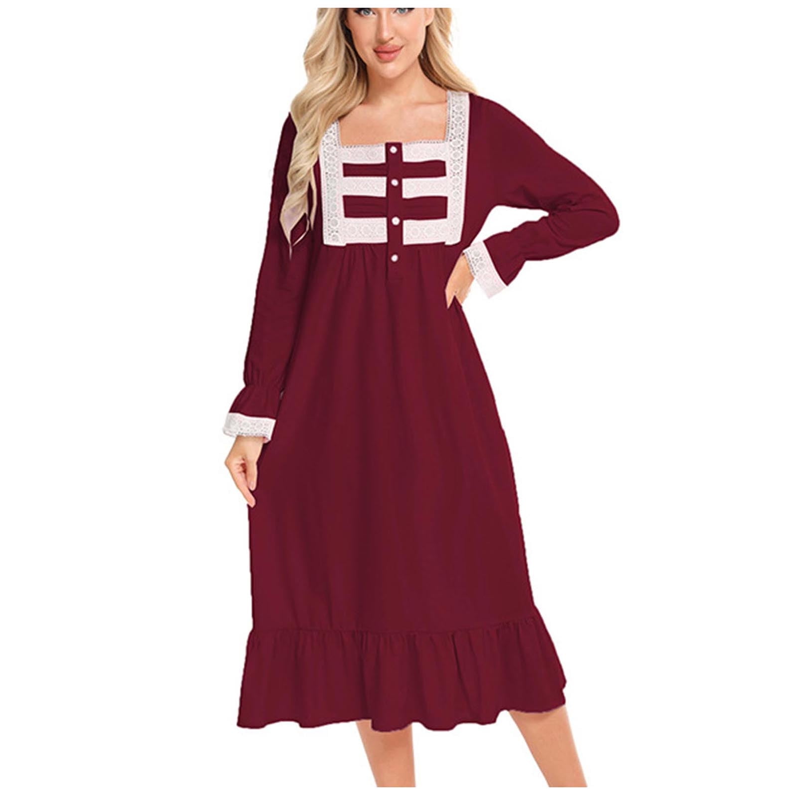 Alkepwun Nightgowns for Women Lace Square Neck Ruffle Lounge Dress Long ...
