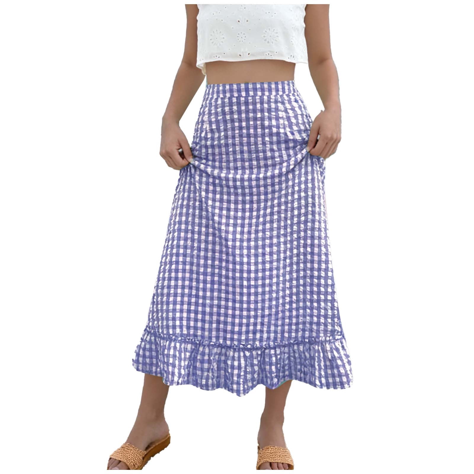 Alkepwun Plaid Skirts for Women High Waist Boho Casual Flowy A Line ...