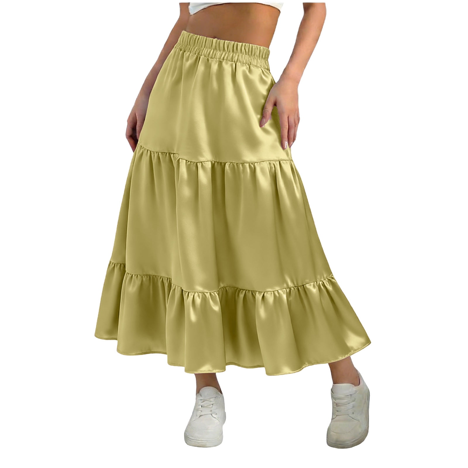 Alkepwun Satin Maxi Skirt Girl's Casual Solid Cotton Sheen Elastic ...