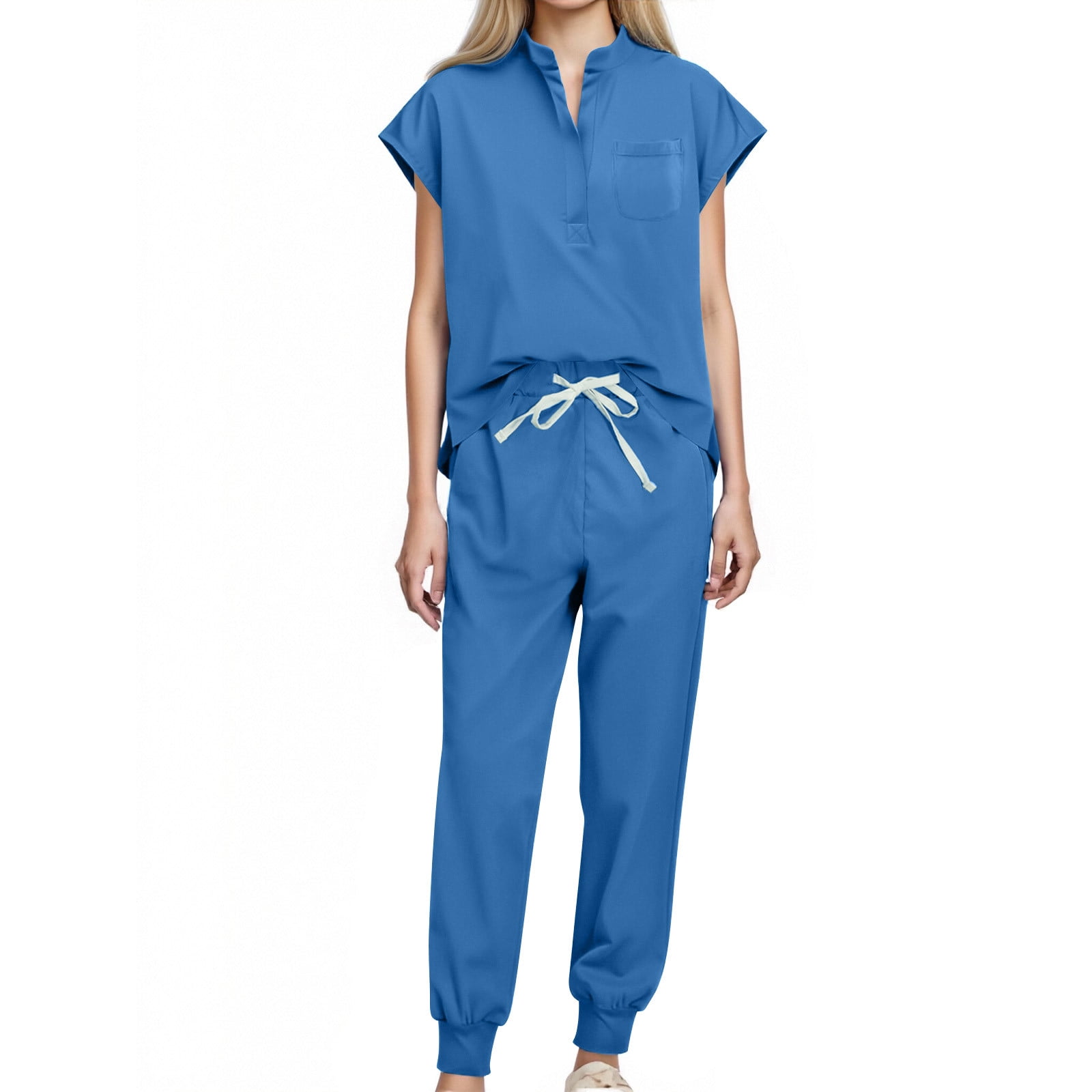 Alkepwun Scrubs for Women Solid-Color Medical Set Top and Pants Stretch ...