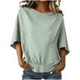 Alkepwun Short Sleeve Tops for Women Boat Neck Shoulder Pleats Solid ...
