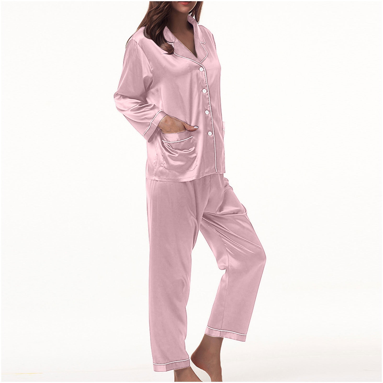 Alkepwun Silk Pajamas Set for Women Soft Satin Two-Piece Nightwear Long Sleeve Sleepwear Button ...