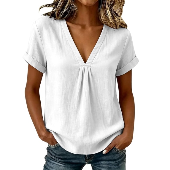 Alkepwun Summer Tops for Women Cuffed Short Sleeve V Neck Front Pleated ...
