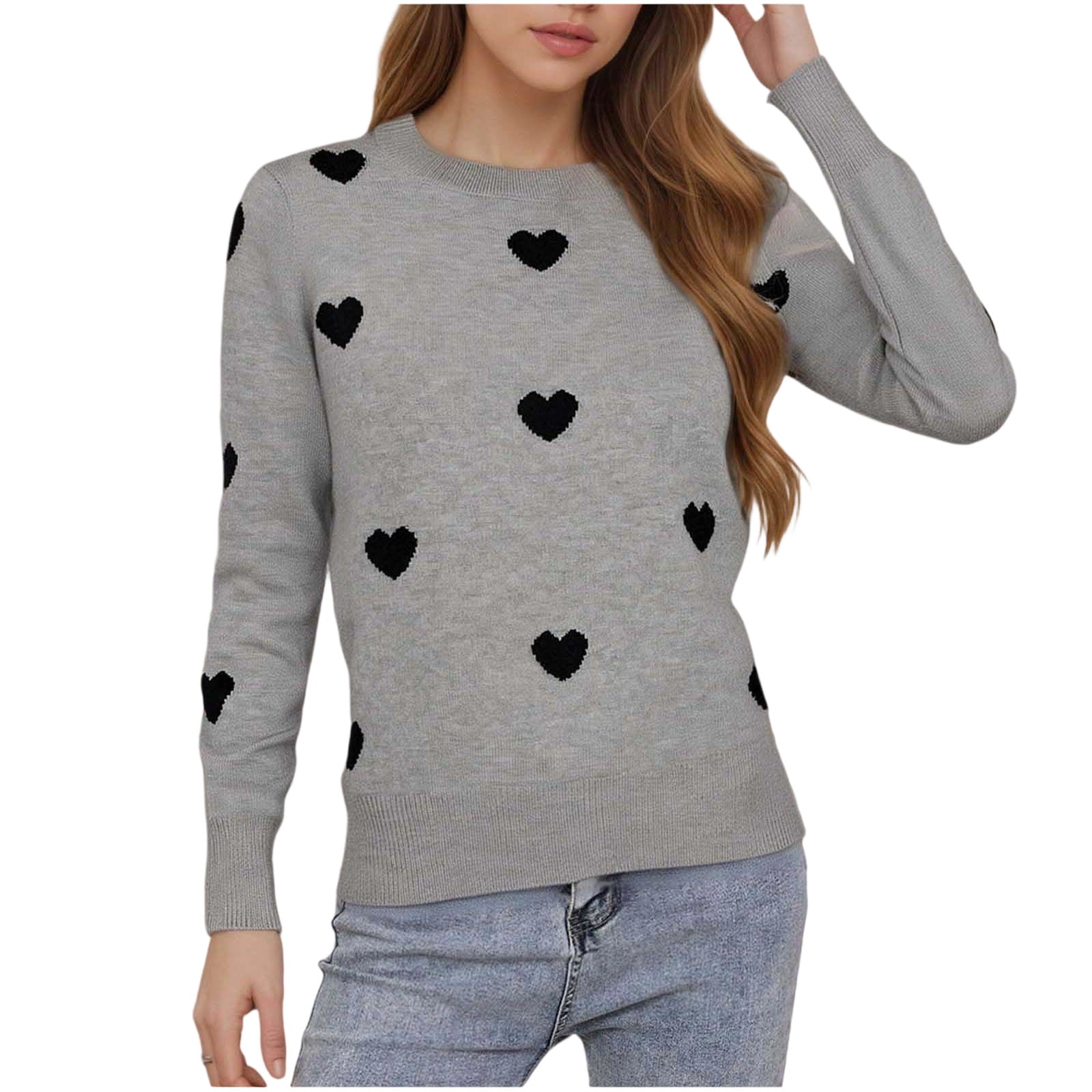 Alkepwun Sweaters for Women Heart Print Pullover Long Sleeve Crewneck ...