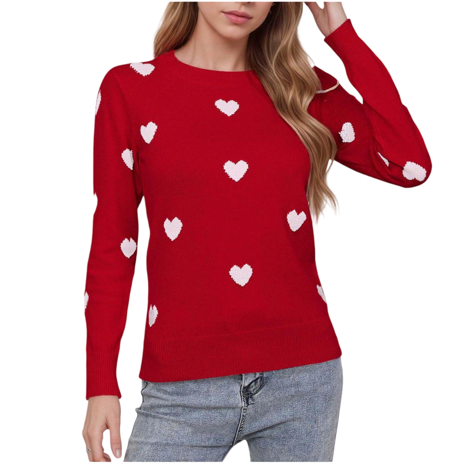 Alkepwun Sweaters for Women Heart Print Pullover Long Sleeve Crewneck ...
