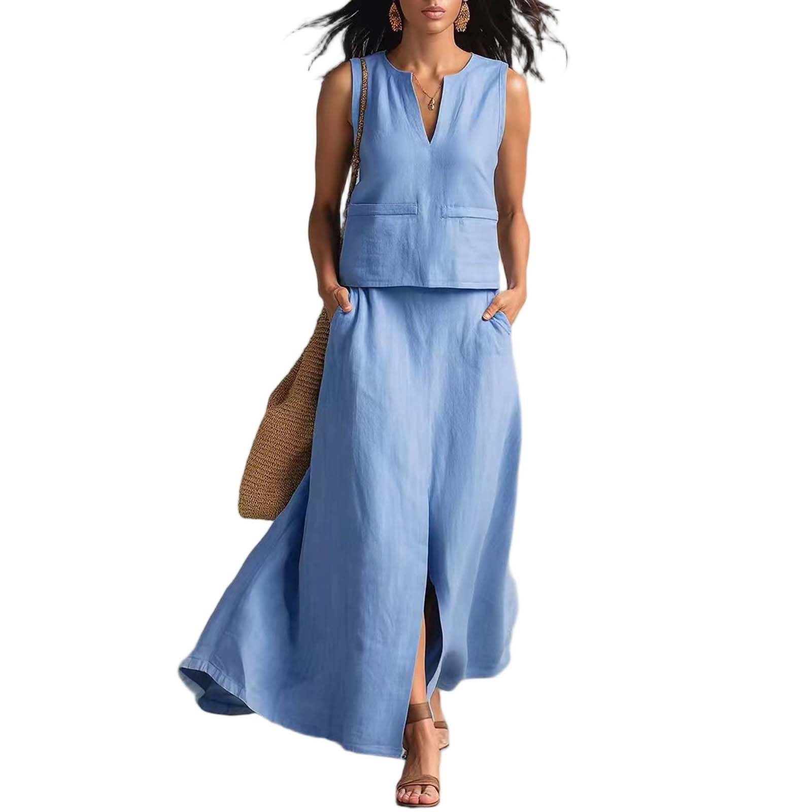 Alkepwun Two Piece Skirt Set Summer Cotton Linen Sleeveless V Neck Tank ...