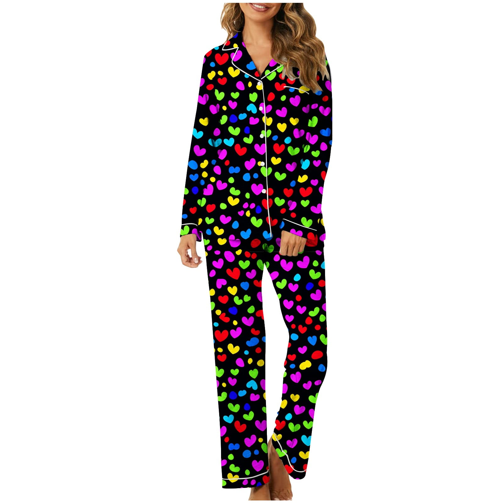 Alkepwun Women 2 Piece Pajama Set Heart Print Long Sleeves Button Down Lapel Shirt Long Pants ...