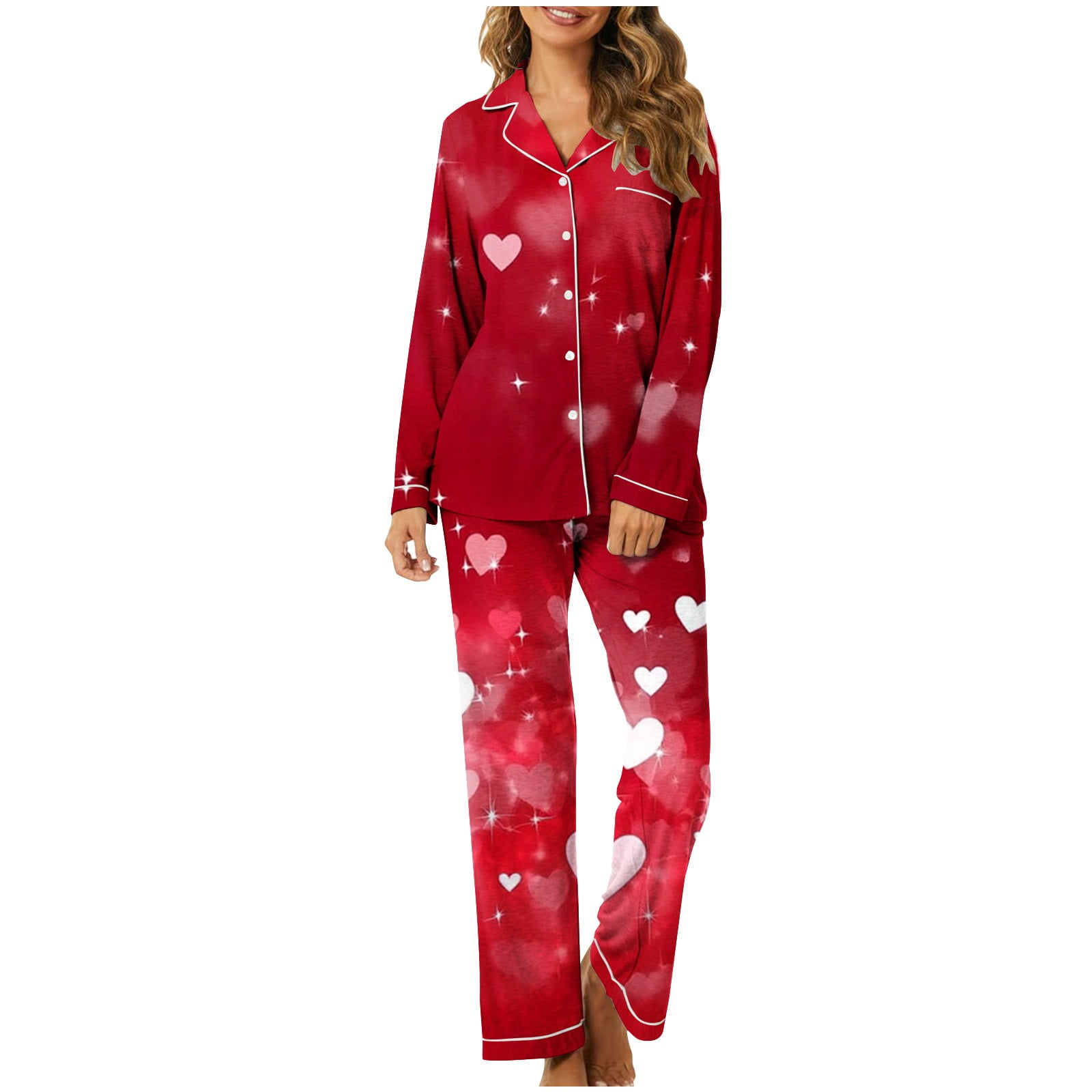 Alkepwun Women 2 Piece Pajama Set Heart Print Long Sleeves Button Down Lapel Shirt Long Pants ...