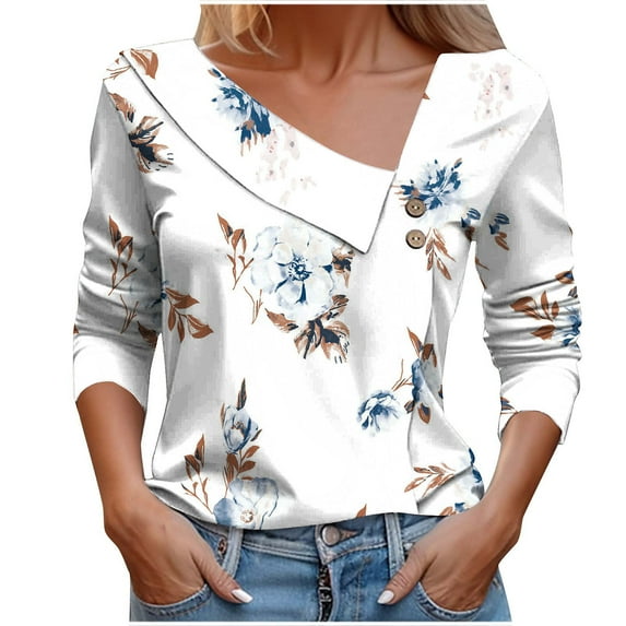 Alkepwun Women's Casual Color-Block Collared V Neck Printed Long Sleeve ...