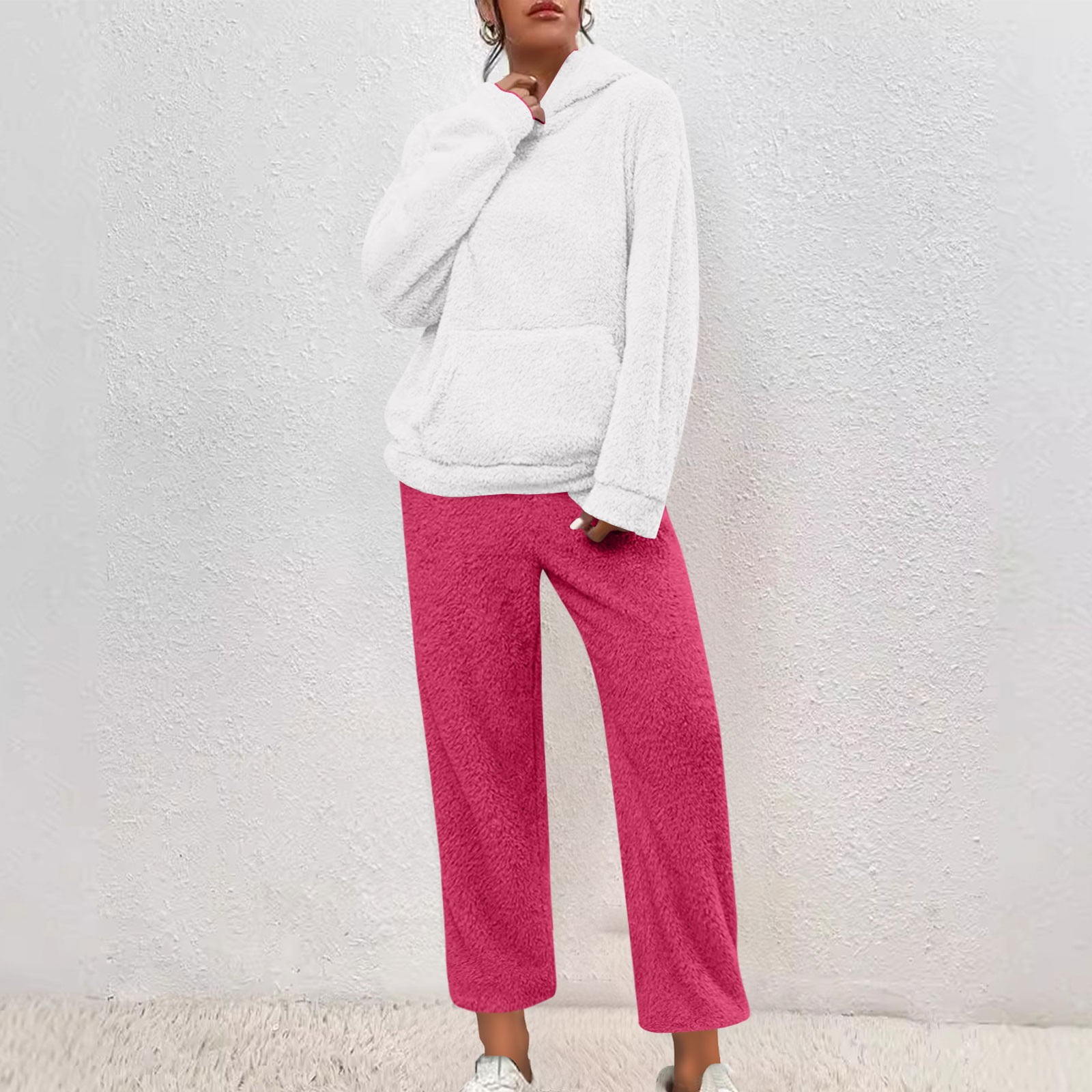 Alkepwun Women's Casual Pajama Set Fuzzy Fleece Hoodie with Pants ...