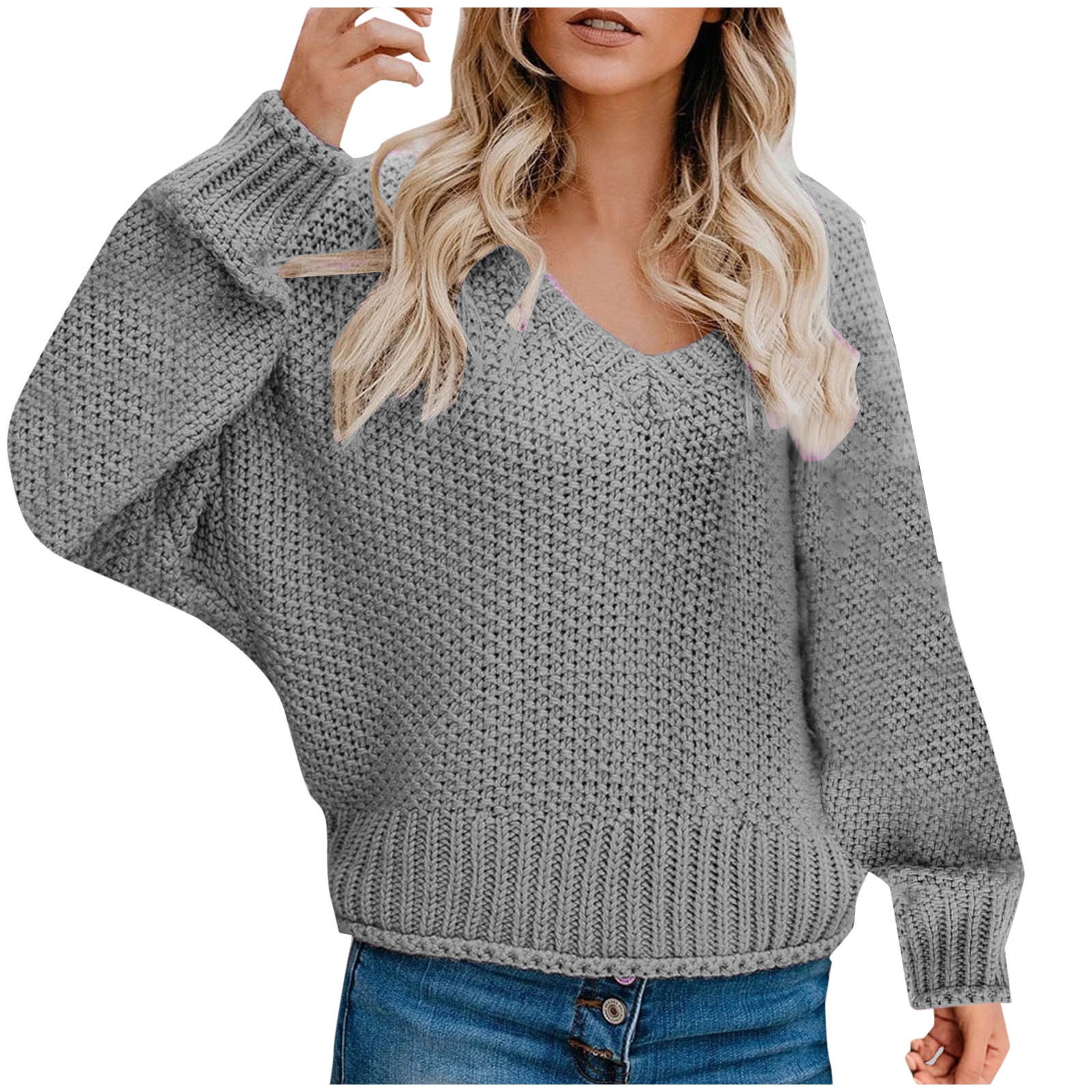 Alkepwun Women's Casual V-Neck Long Sleeve Sweaters Solid Color ...