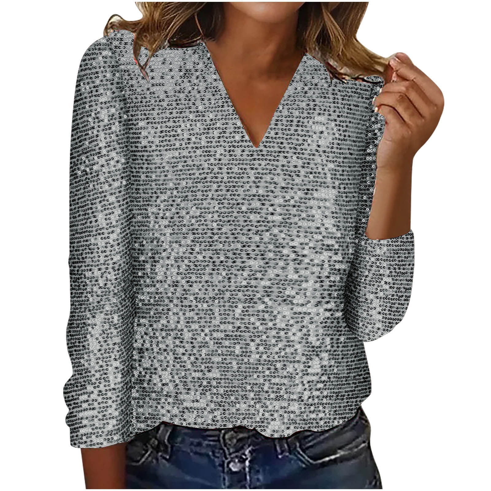 Alkepwun Women's T-Shirts Solid Color Sexy V Neck Long Sleeve Sequined ...