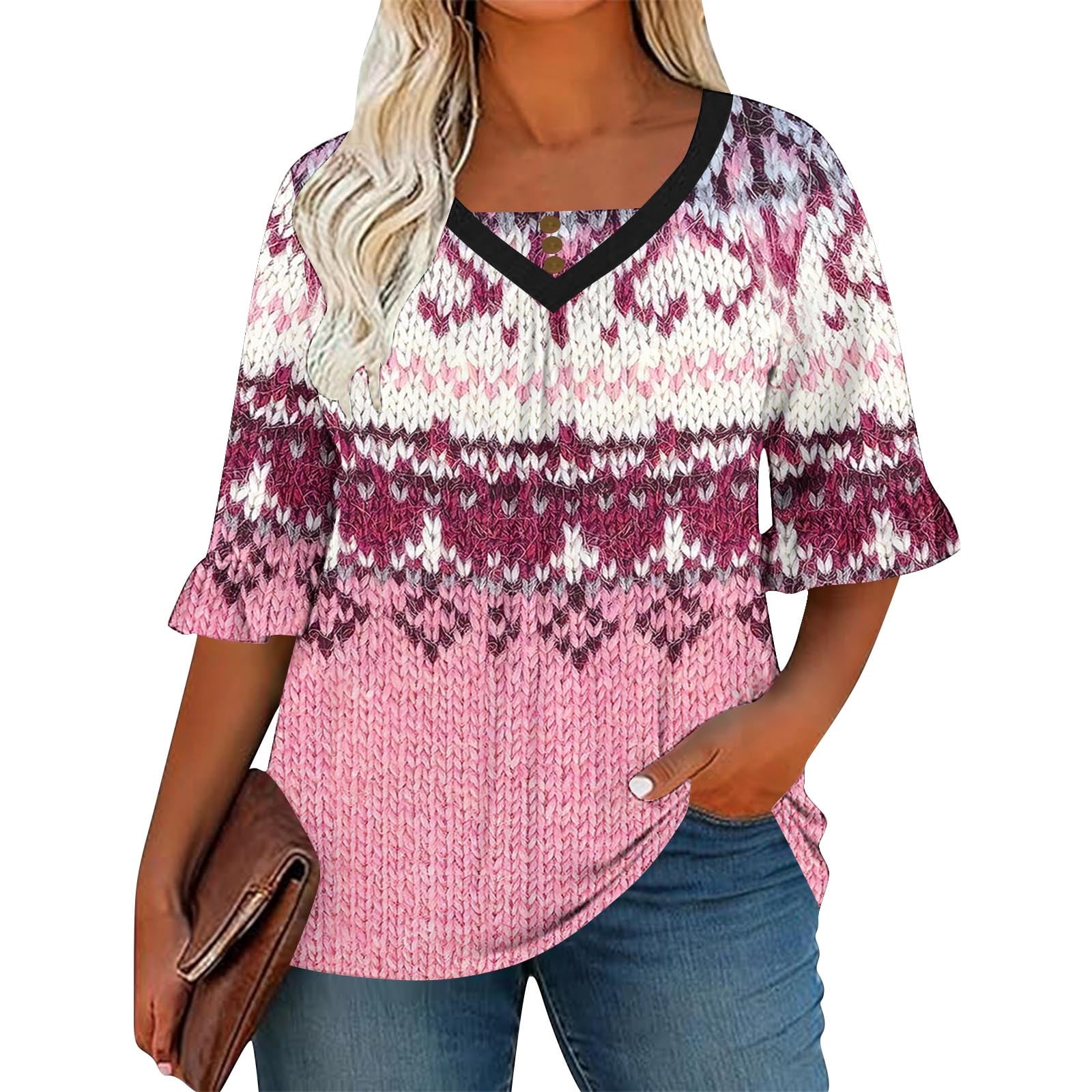 Alkepwun Women's Tops Casual Floral Print Faux Two-Piece V Neck Front ...