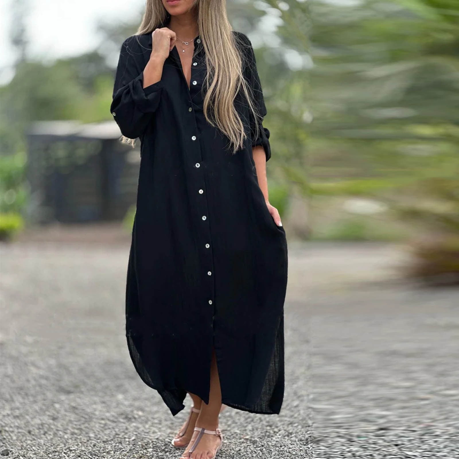 Alkepwun Womens Casual Button Down Dress Rolled Up Sleeve Side Split ...
