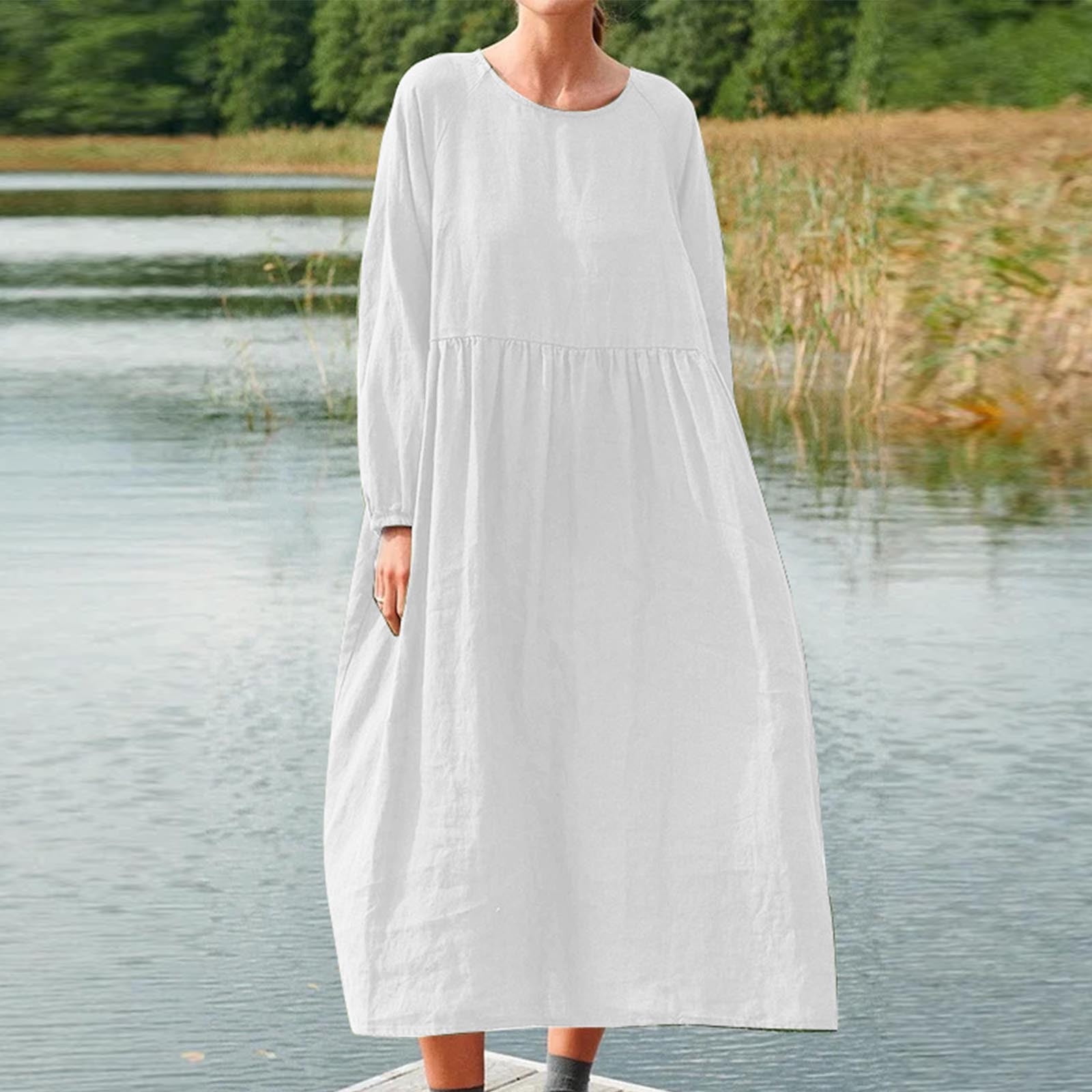 Alkepwun Womens Loose Linen Dress Long Sleeve Babydoll Dress Solid ...