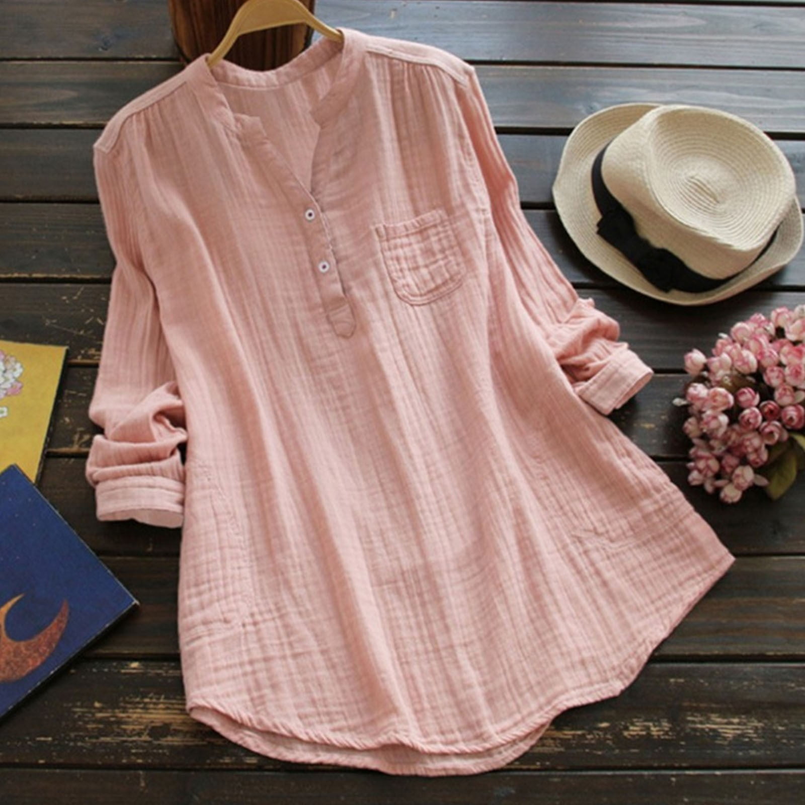 Alkepwun Womens Plus Size Cotton Linen Shirts Long Sleeve Gauze Shirt ...