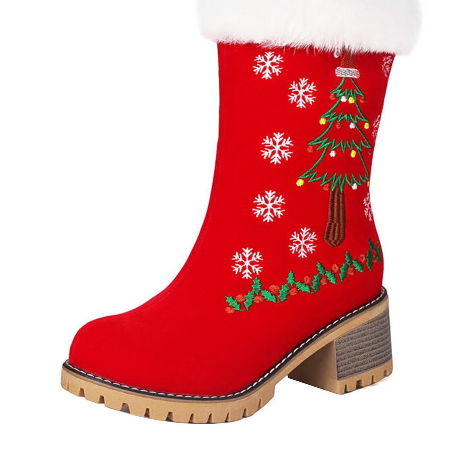 Alkepwun Womens Snow Boots Casual Versatile Christmas Tree Embroidered ...